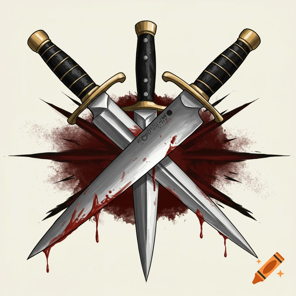 Three stylized daggers crossed over a red splatter background, with ...