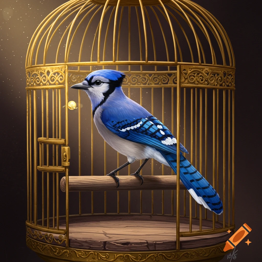 A blue jay perches on a wooden perch inside a golden bird cage. on Craiyon