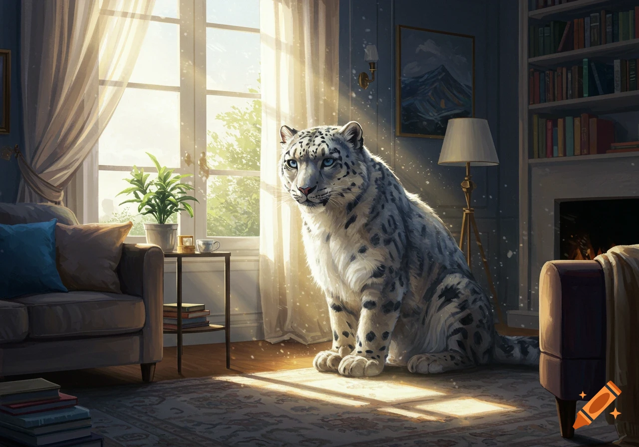 A snow leopard sits on a rug in a sunlit living room. on Craiyon