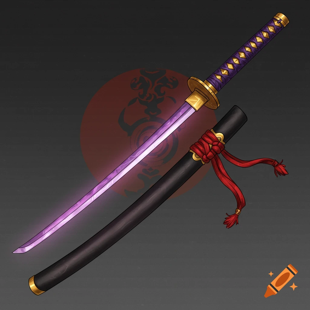 Illustrative image of a purple-bladed katana with a purple and gold ...
