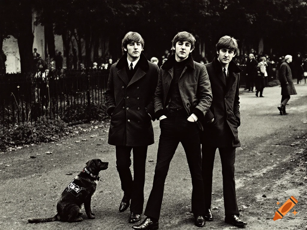 Black and white photo of three men, The Beatles, and a dog in a park ...