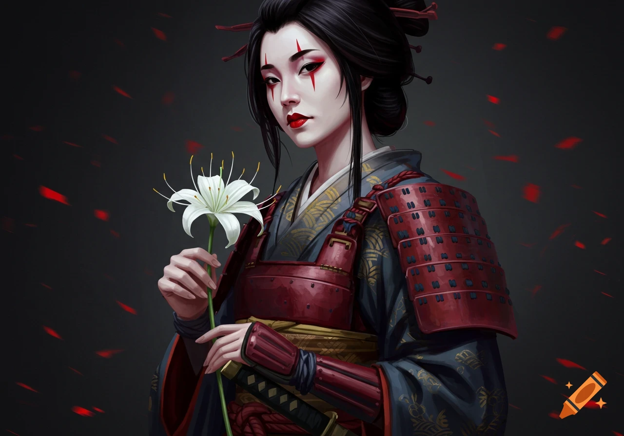Fantasy portrait of a woman in samurai armor holding a white spider ...