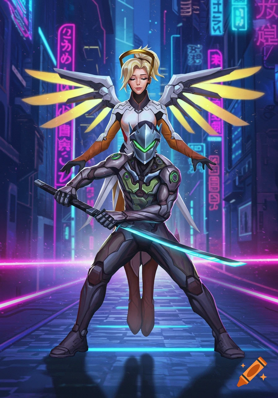 Digital art of Overwatch characters Mercy and Genji standing in a neon ...