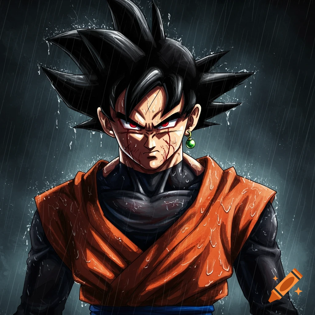 Anime character similar to Goku, injured, with red eyes and black hair ...