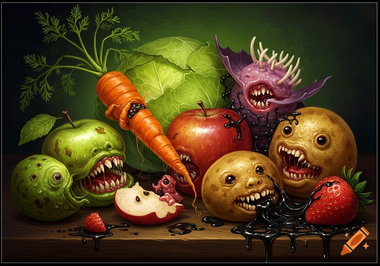 Still life of monstrous fruits and vegetables with teeth and eyes ...