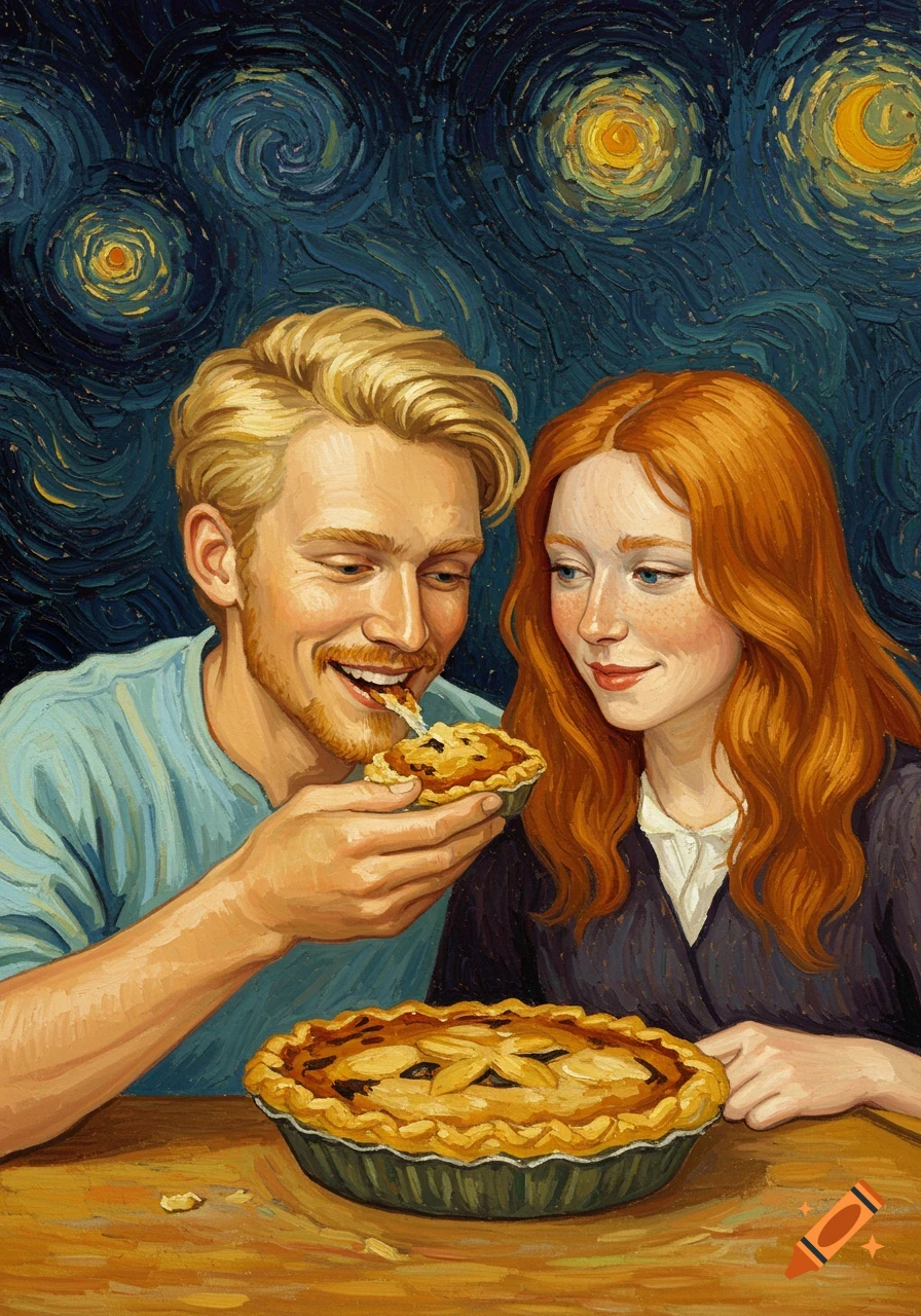 Painting in Van Gogh style of a blonde man feeding pie to a ginger ...