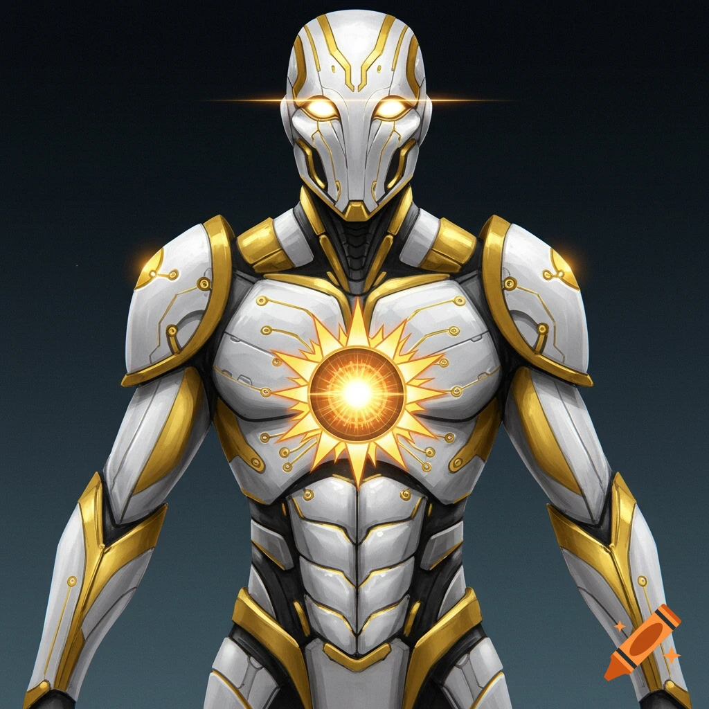 A white and gold armored robot with a glowing sun-like chest core and ...