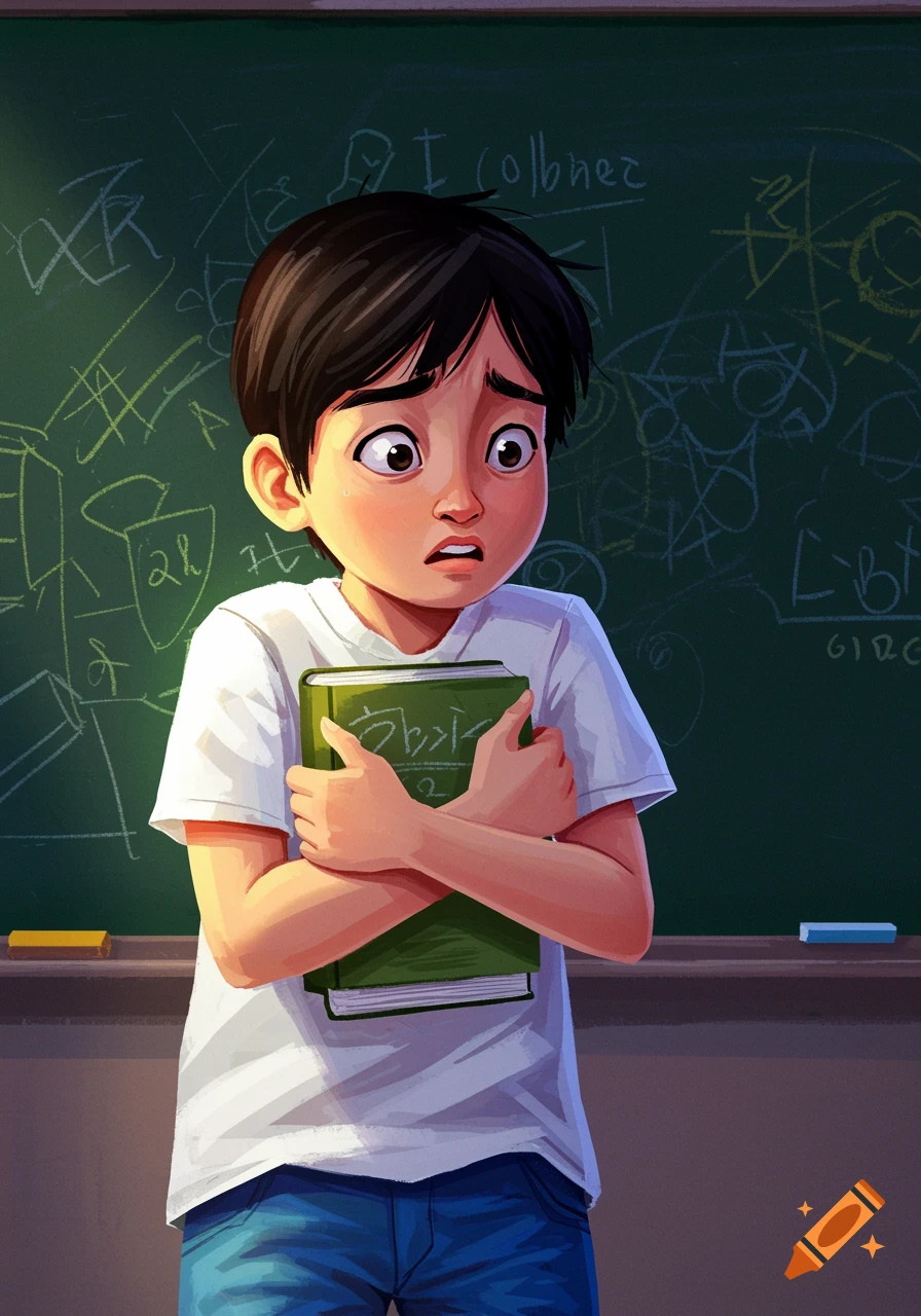 Cartoon illustration of a scared student holding a book in front of a ...