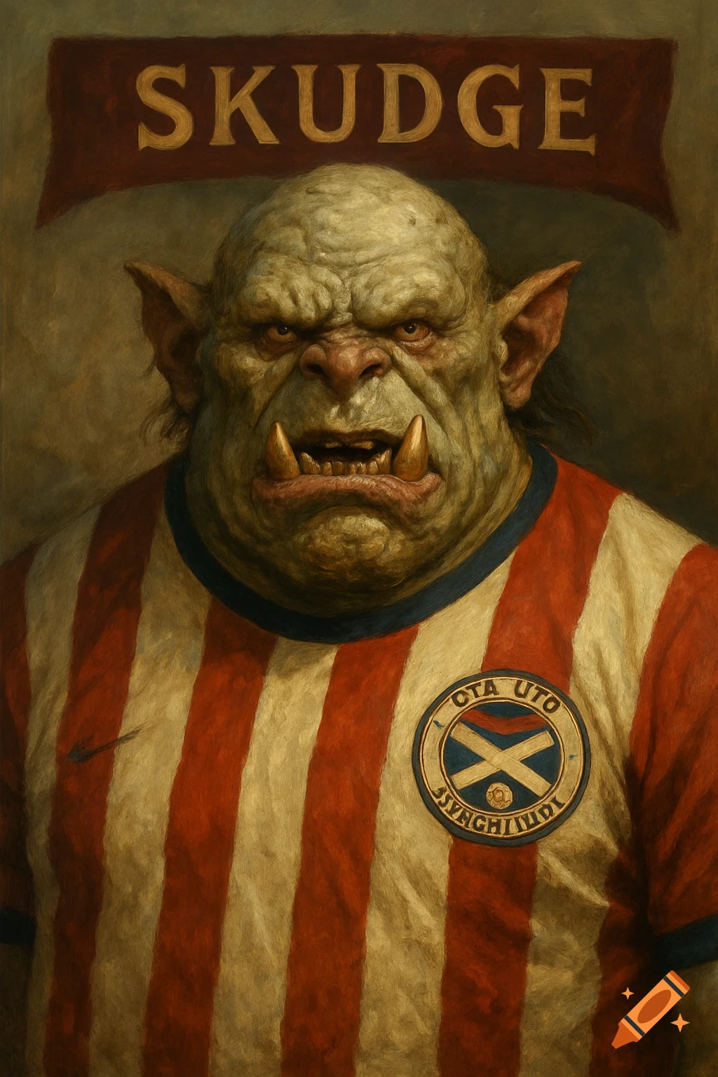 Painting of an orc wearing a red and white striped football jersey ...