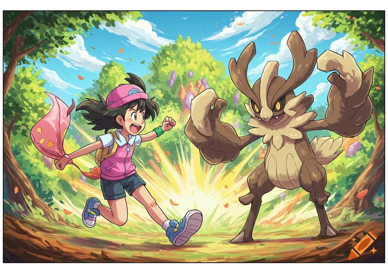 Anime style image of a young trainer running towards a bipedal creature ...