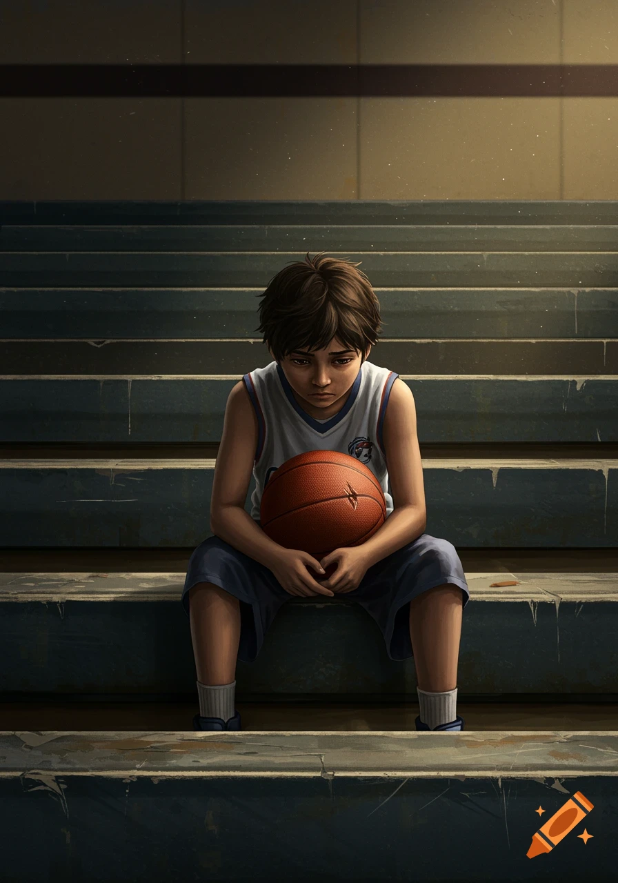 A sad boy sits on bleachers in a gym, holding a basketball. on Craiyon