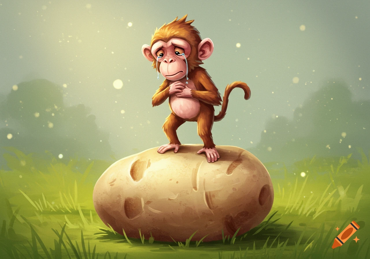 A crying cartoon monkey stands on top of a large potato in a grassy ...