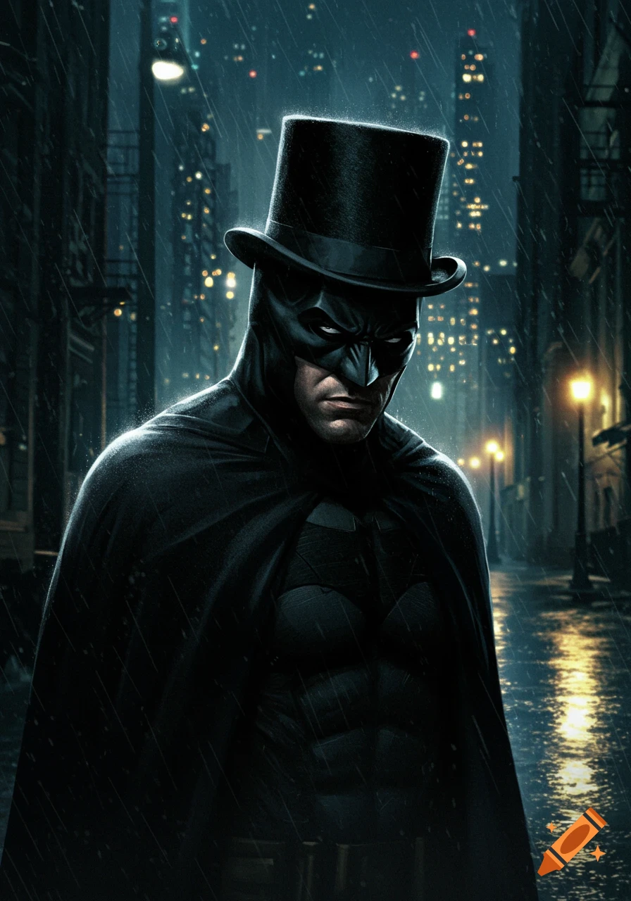 Batman wearing a top hat stands in a rainy city street at night ...