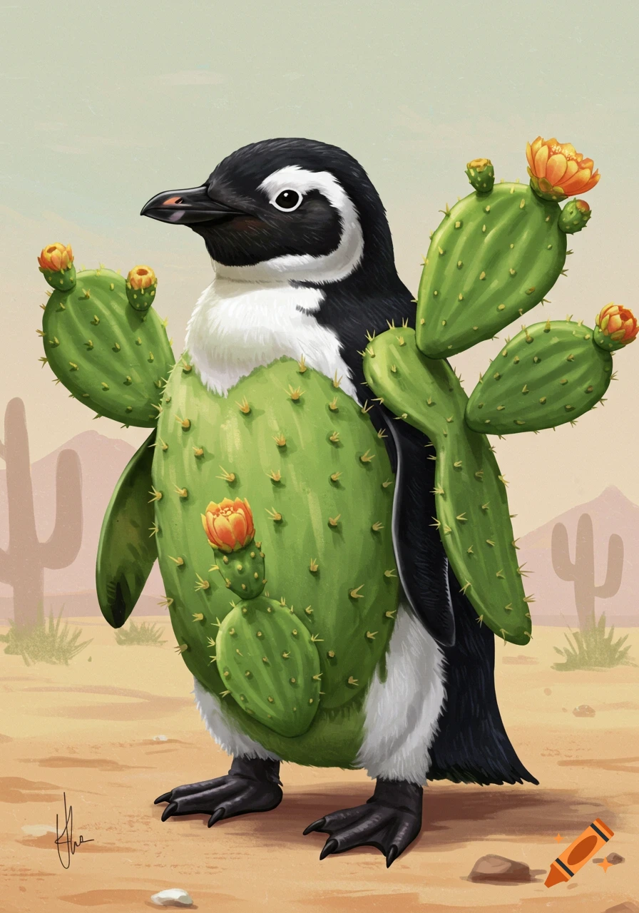 Illustration of a penguin covered in prickly pear cactus pads, standing ...