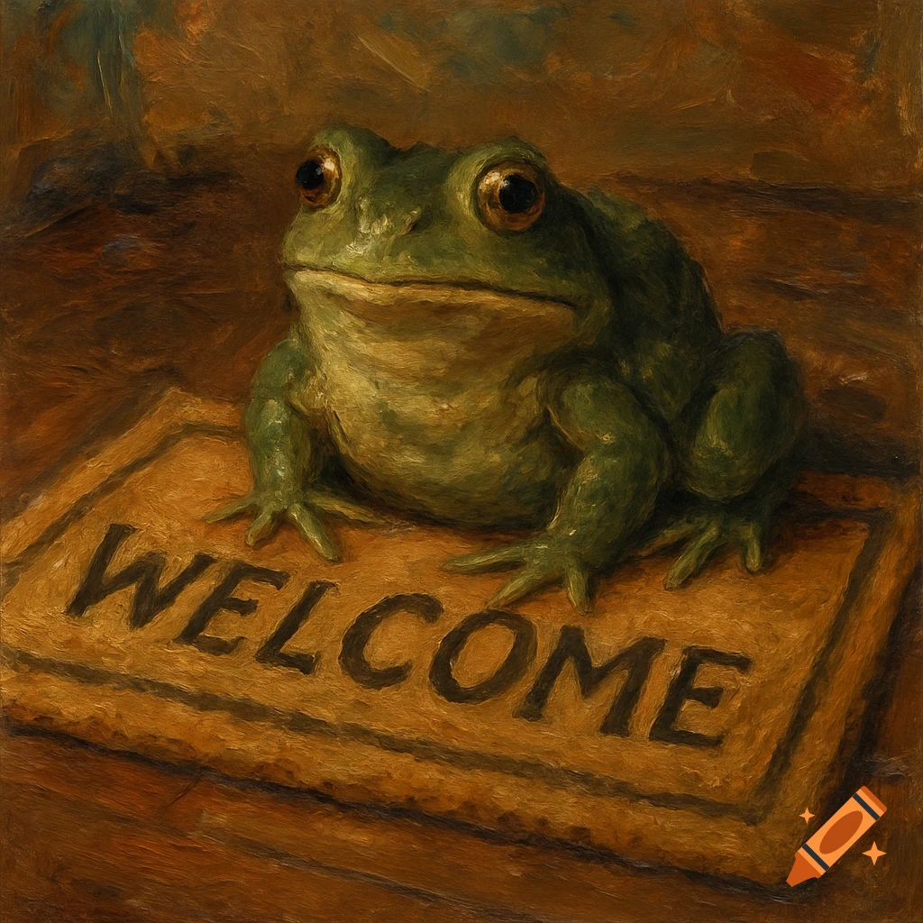 Oil painting of a frog sitting on a WELCOME mat. on Craiyon