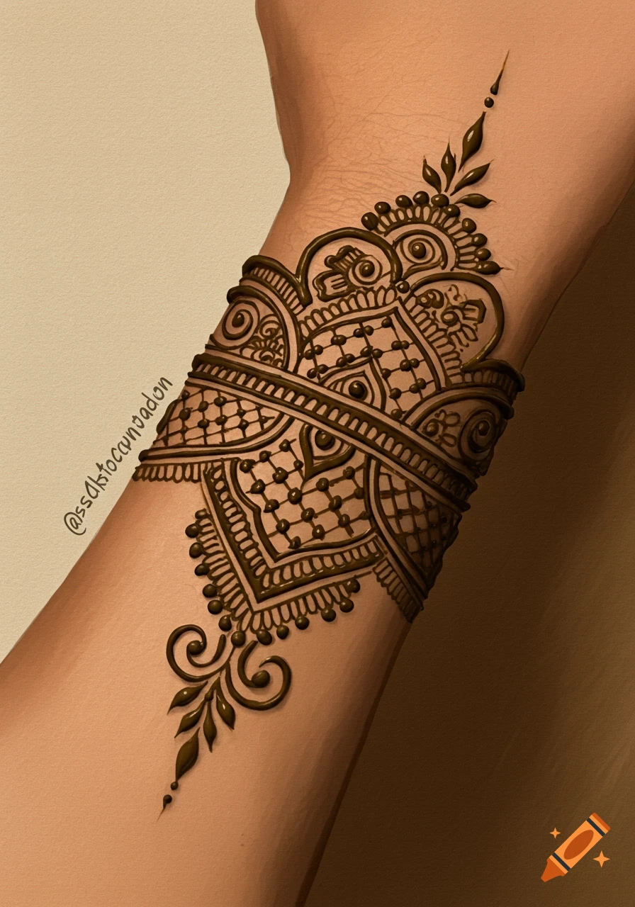 Close-up of a wrist with an intricate dark brown mehndi design ...