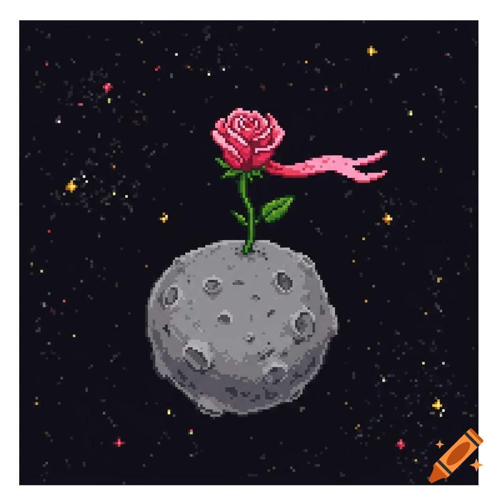 Pixel art of a pink rose growing from a small, grey asteroid floating ...