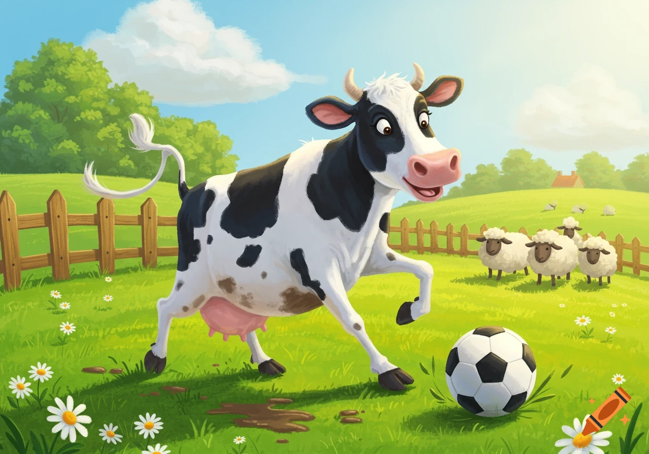 A cartoon cow plays soccer in a sunny field with sheep watching. on Craiyon