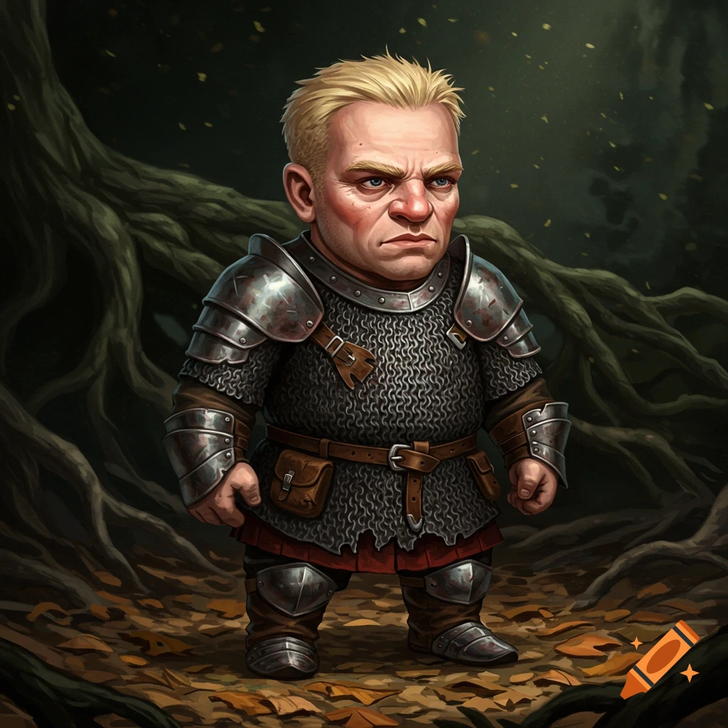 A short warrior in detailed metal armor stands in a forest setting. on ...