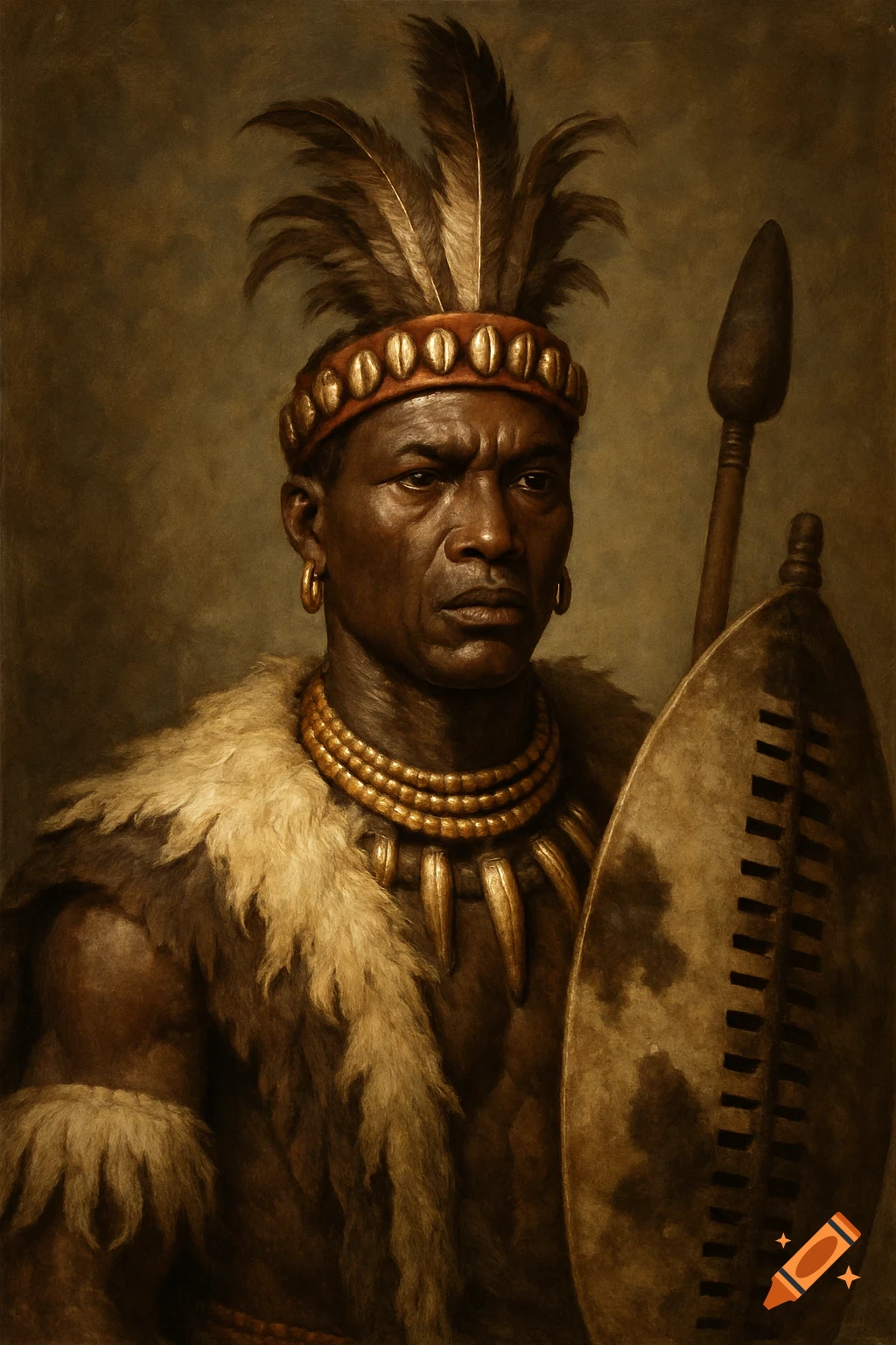 Portrait of an African warrior with a spear and shield in a painterly ...