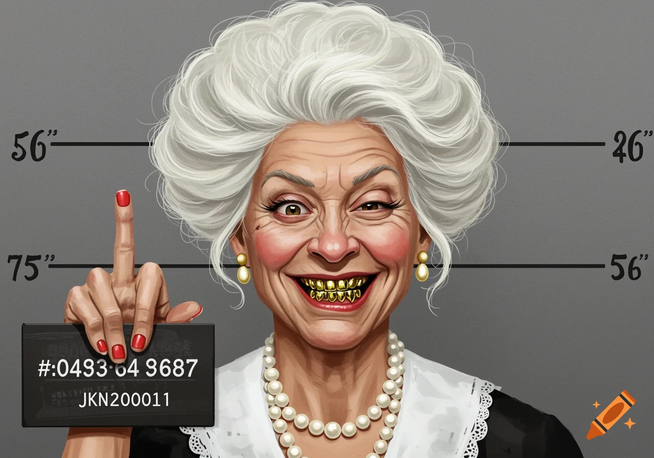 Stylized caricature mugshot of an old woman with white hair, pearls ...