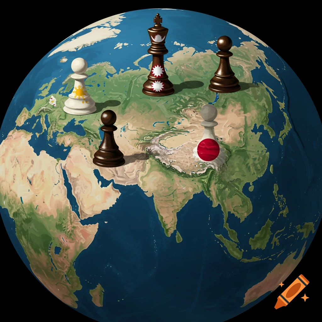 Chess pieces representing countries on a globe showing Europe and Asia ...