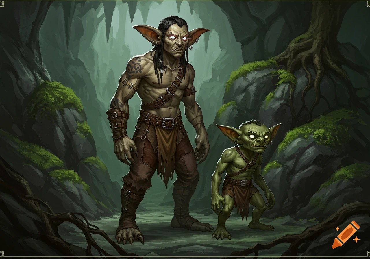 Two fantasy goblin-like creatures stand in a dark cave. on Craiyon