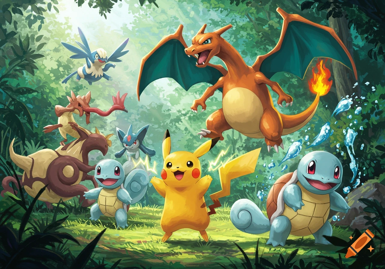 Pikachu, Charizard, Squirtle, and other Pokemon in an illustrated ...