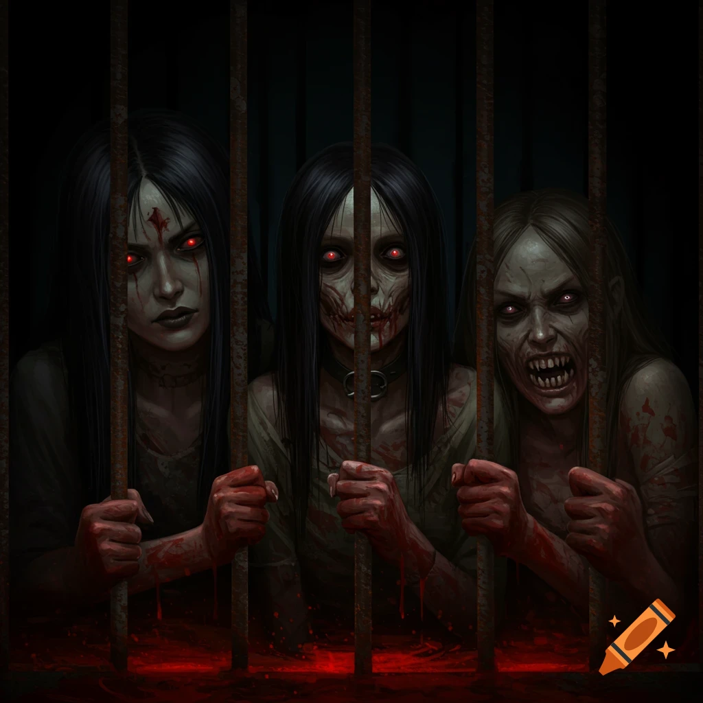Three bloody monstrous women with red eyes behind dark cage bars. on ...