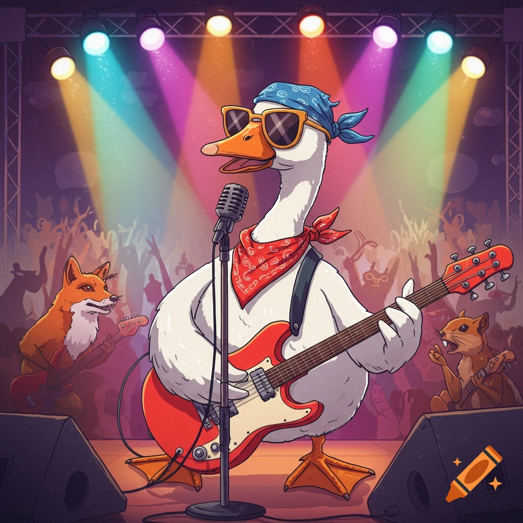A cartoon goose playing guitar on stage with a fox and a squirrel also ...