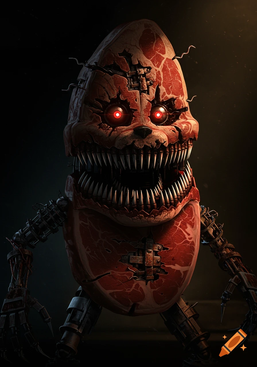 A scary animatronic creature made of meat and metal, with glowing red ...