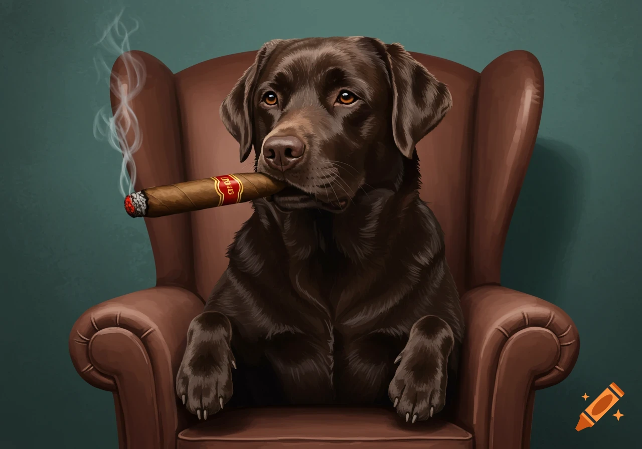 A brown labrador dog sits in a leather armchair smoking a large cigar ...