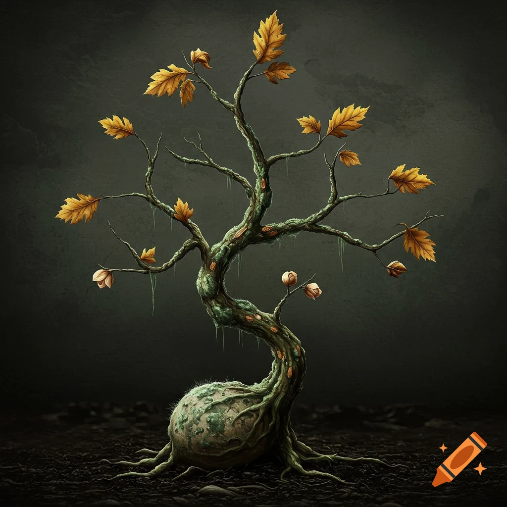 A dark, stylized illustration of a twisted, unhealthy tree growing from ...