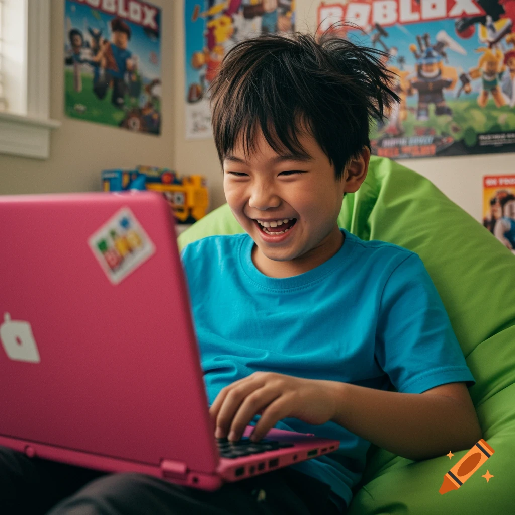 Young Asian boy laughing while looking at a pink laptop on a green ...