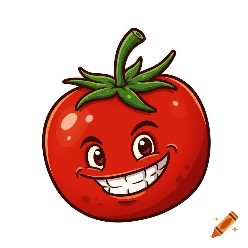 Cartoon red tomato character with a smiling face on Craiyon