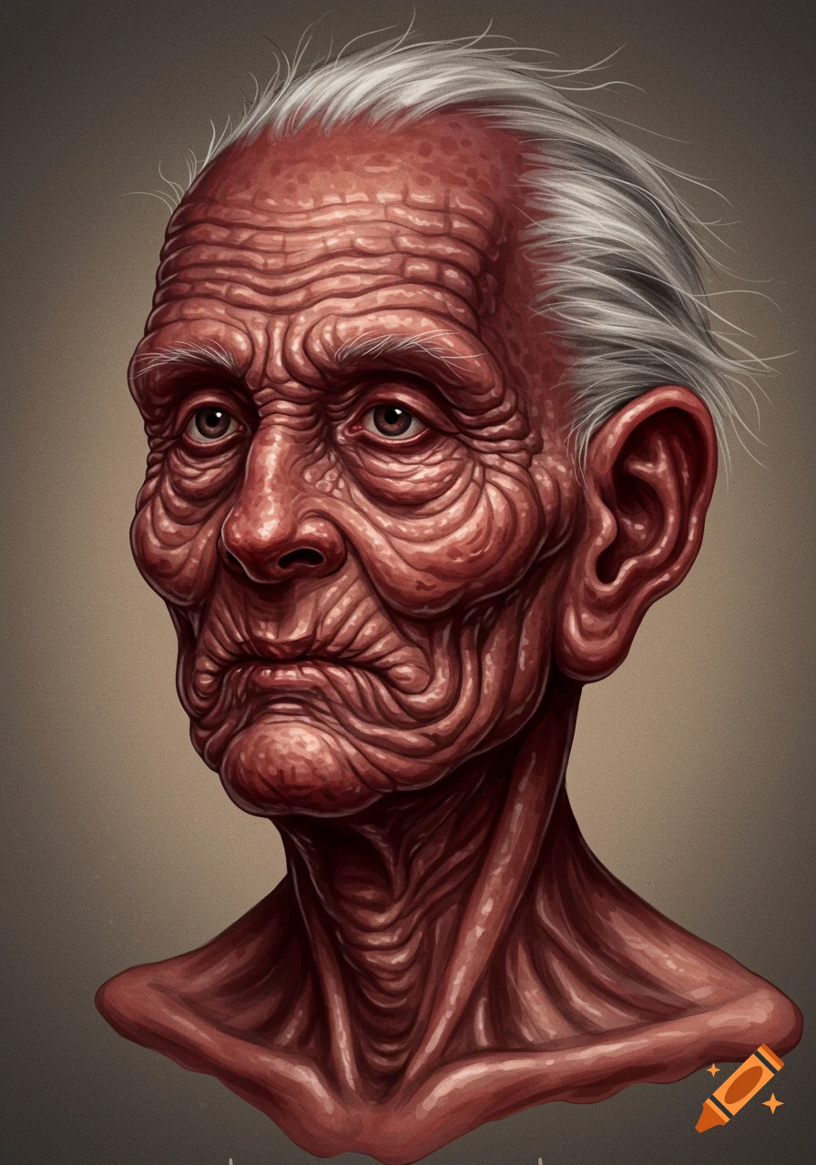 Stylized portrait of an old man with deeply wrinkled reddish skin and ...