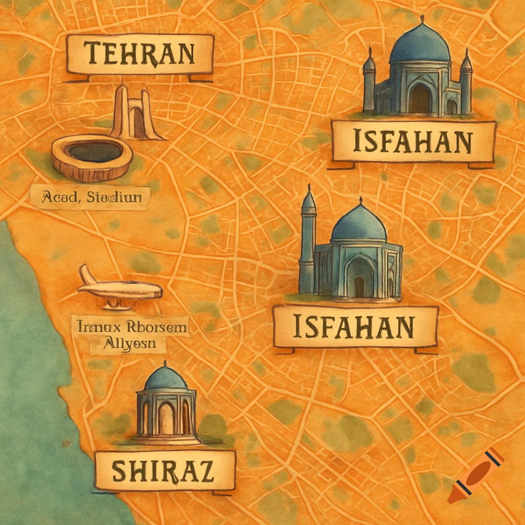 Stylized watercolor map of cities and landmarks in Iran, including ...