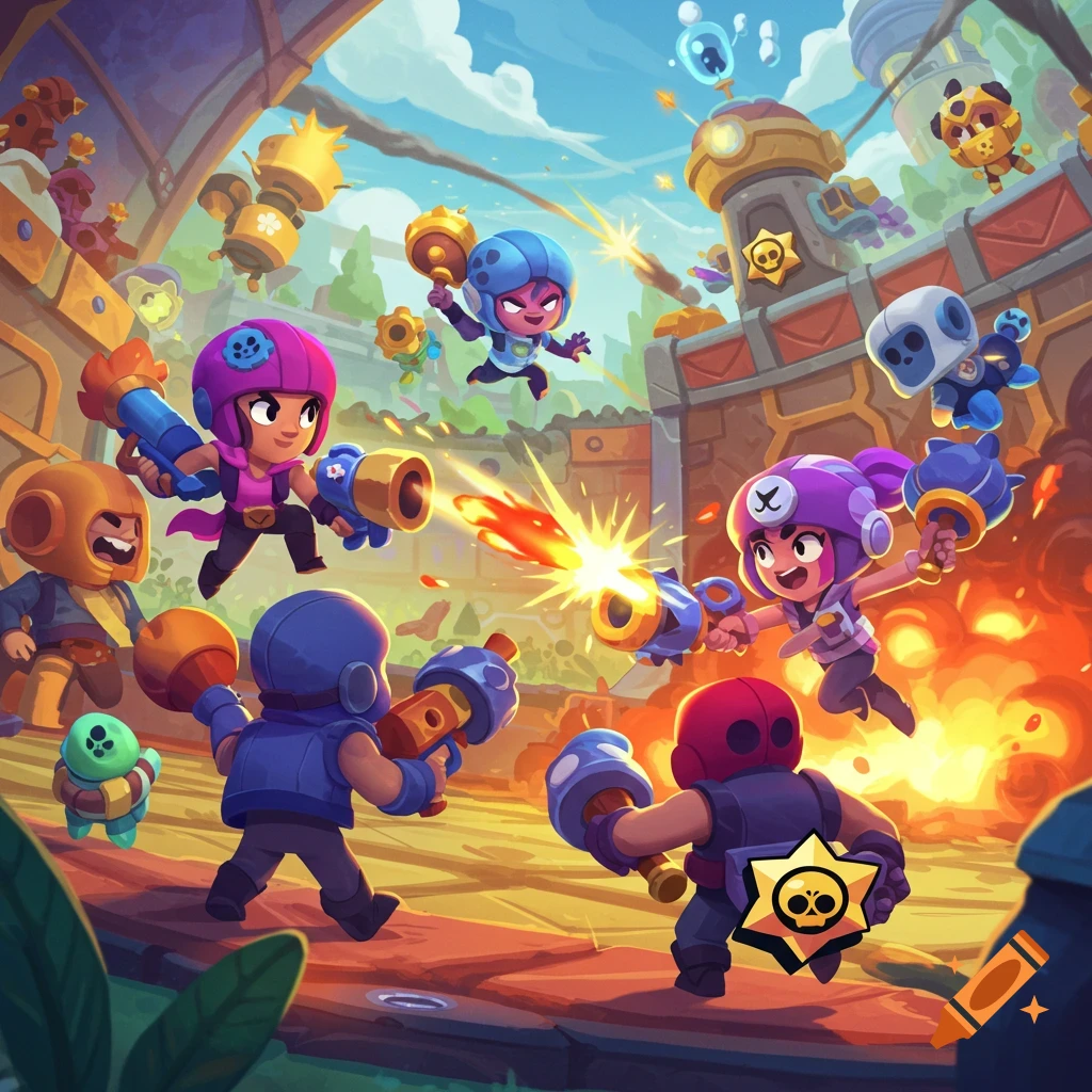 Stylized cartoon characters from Brawl Stars battle in an arena. on Craiyon
