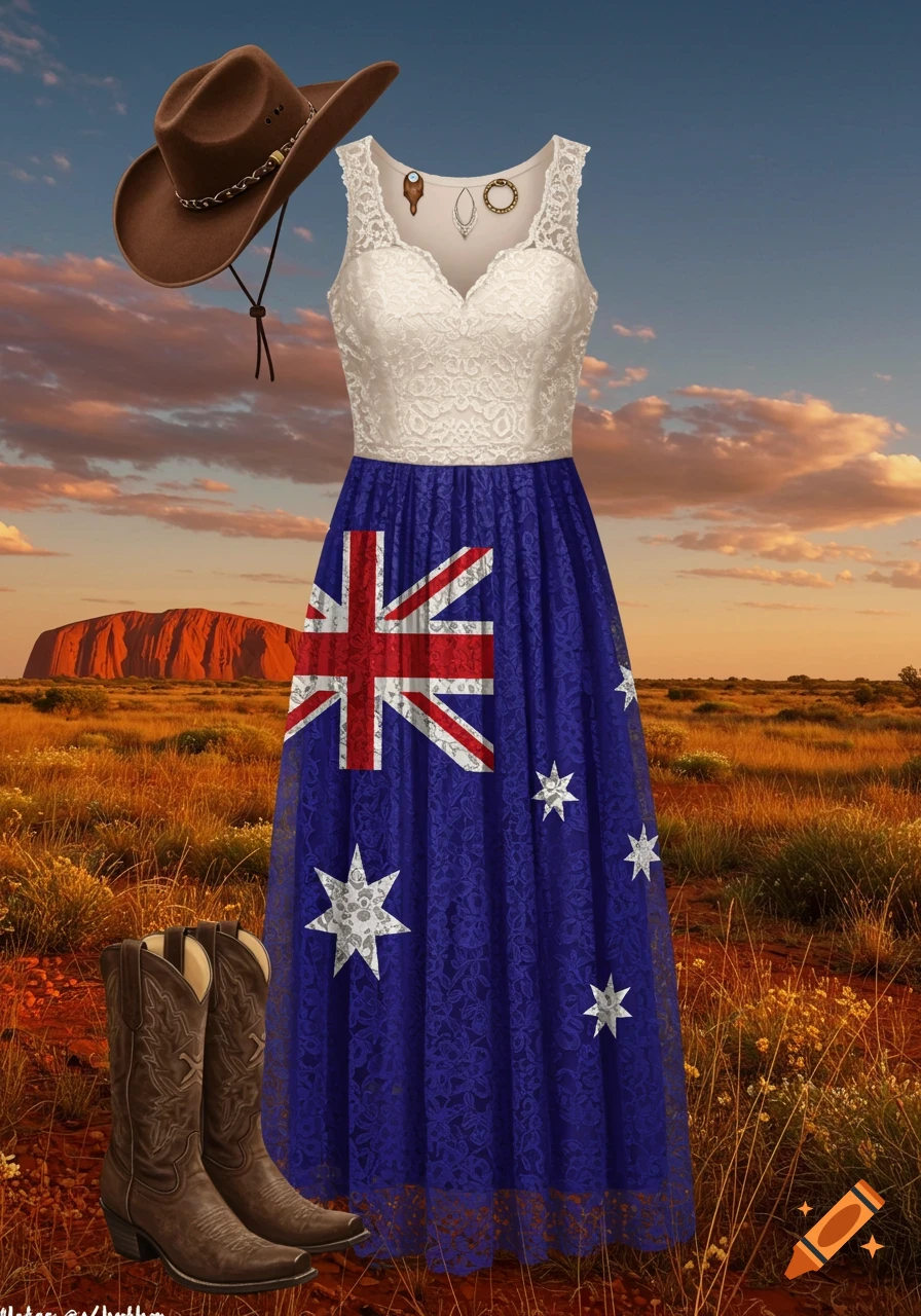 Australian flag dress, cowboy boots, and hat in Outback landscape with ...