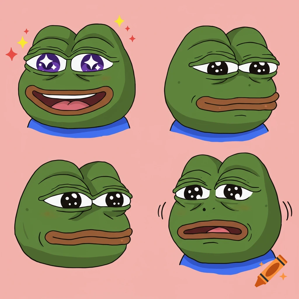 Four cartoon illustrations of Pepe the Frog with different facial ...