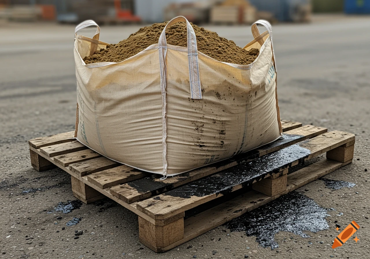 A large bag of building sand on a wooden pallet with tar pooling around ...
