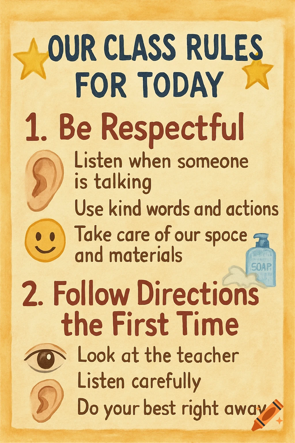 Hand-drawn poster with classroom rules and illustrations of an ear ...