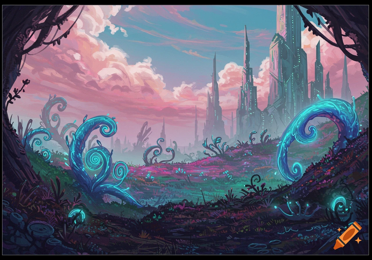 Vibrant alien landscape with glowing blue plants and futuristic city ...