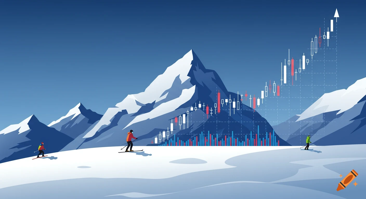 Illustration of skiers in mountains with a rising stock chart overlaid. on Craiyon