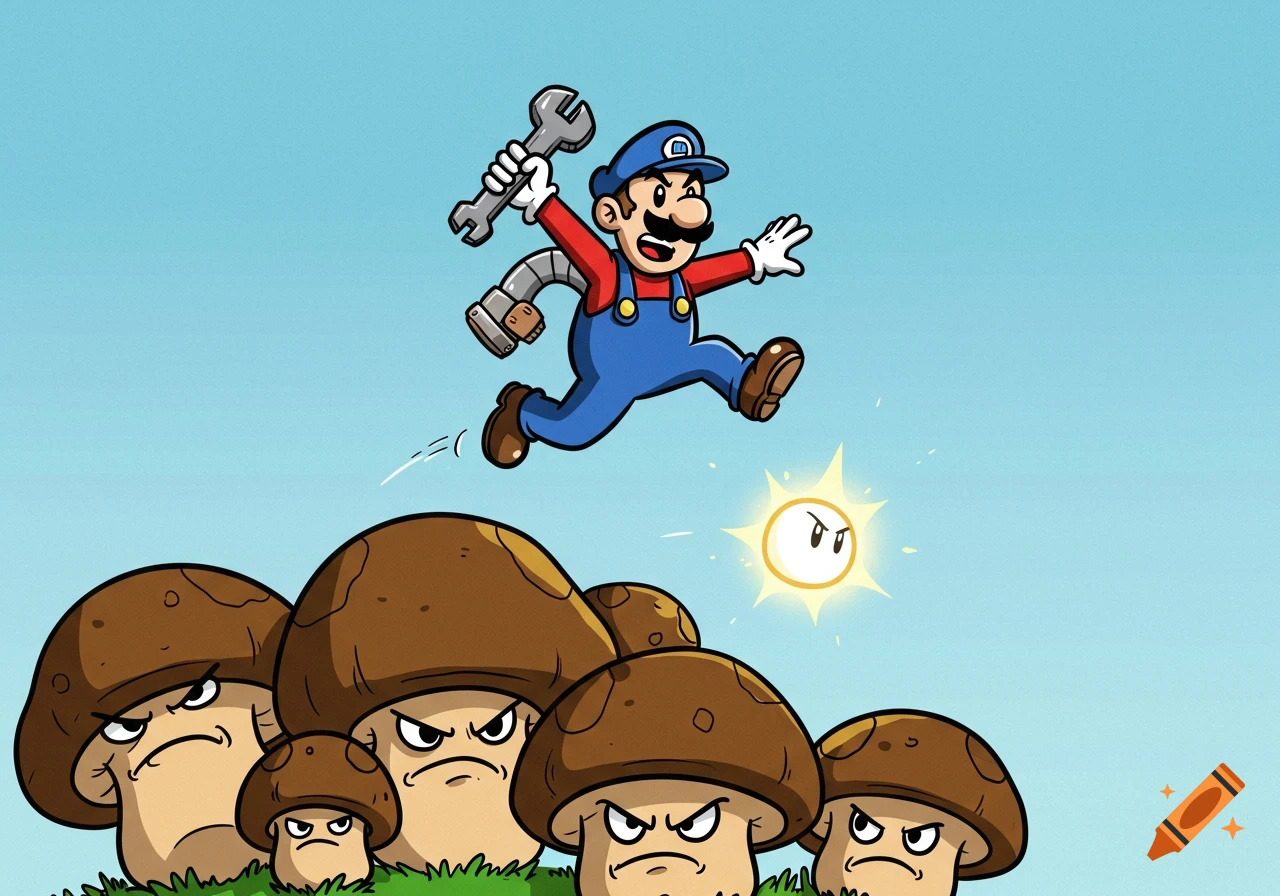 Cartoon plumber character resembling Mario jumps over angry mushrooms ...