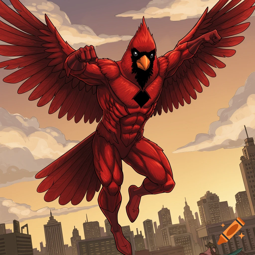 Cardinal superhero flying over a city at sunset in comic art style. on ...