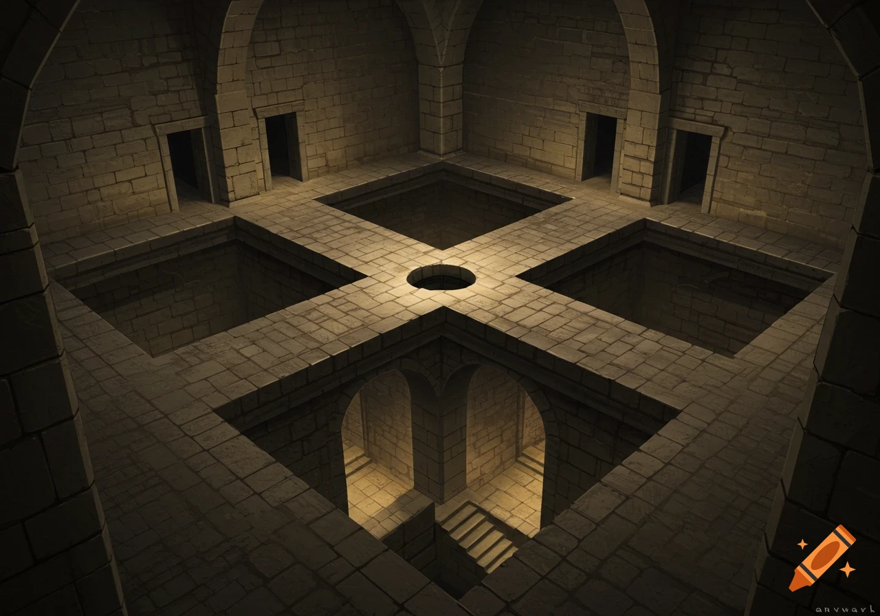 Underground stone chamber in a cross shape with holes/pools, doorways ...
