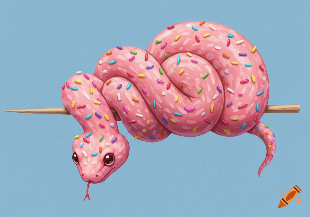 An illustration of a pink donut/cupcake snake covered in colorful ...