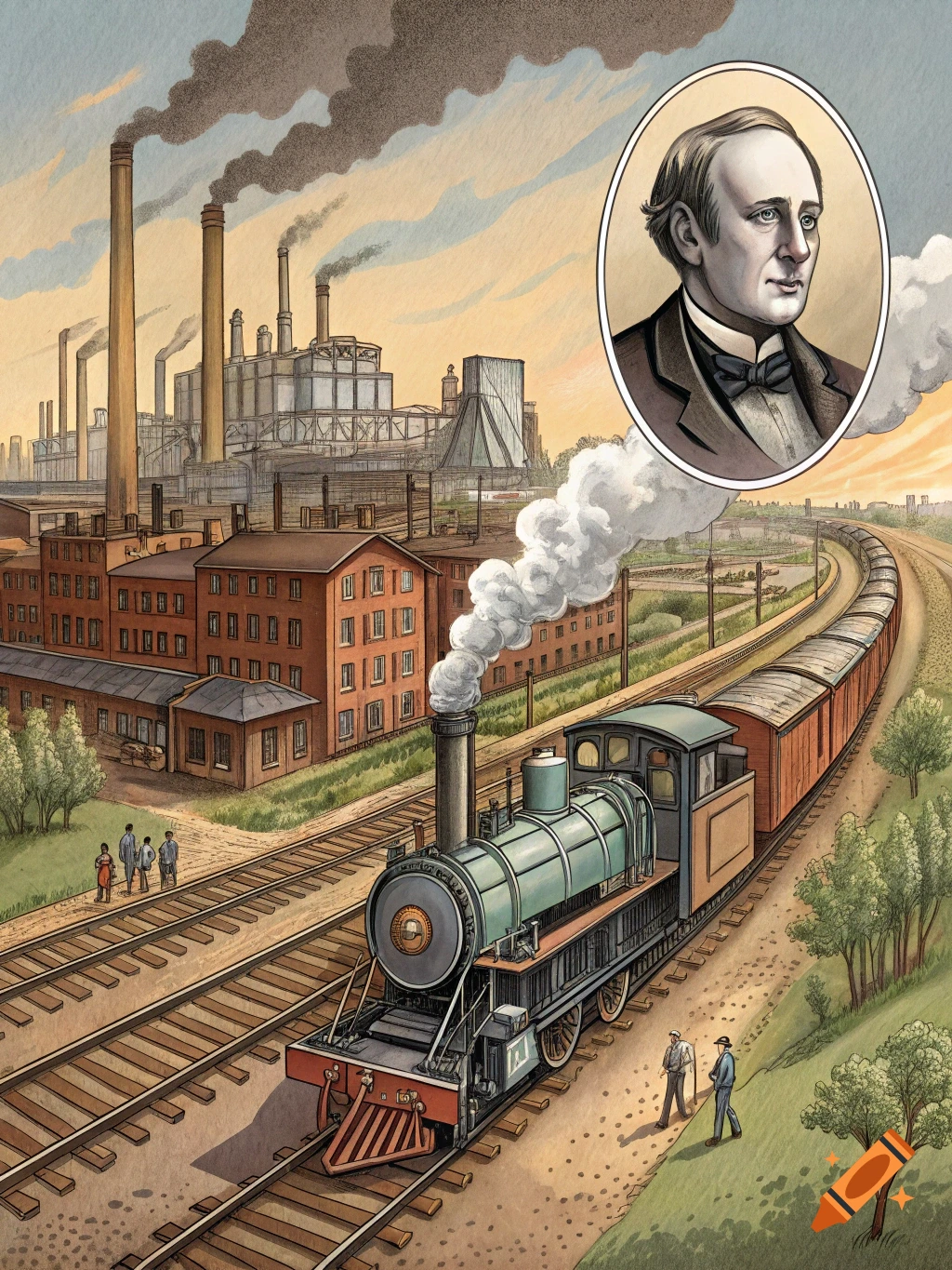 Illustration of a steam train passing factories with a portrait of a ...