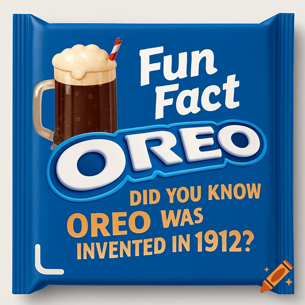 Oreo package with root beer float image and text about its invention ...